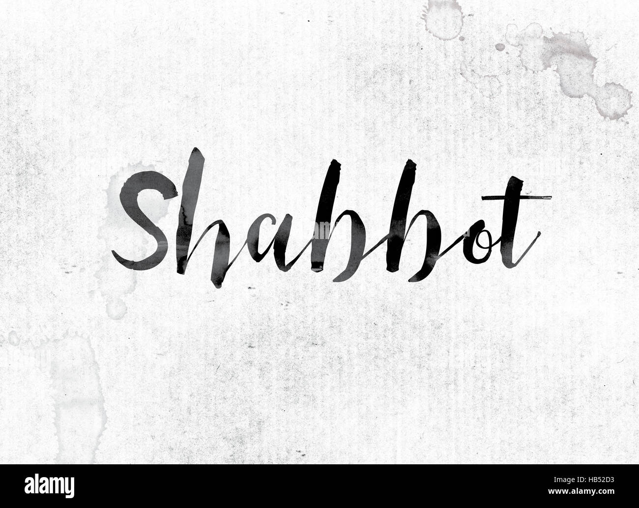 The word "Shabbot" concept and theme painted in watercolor ink on a ...