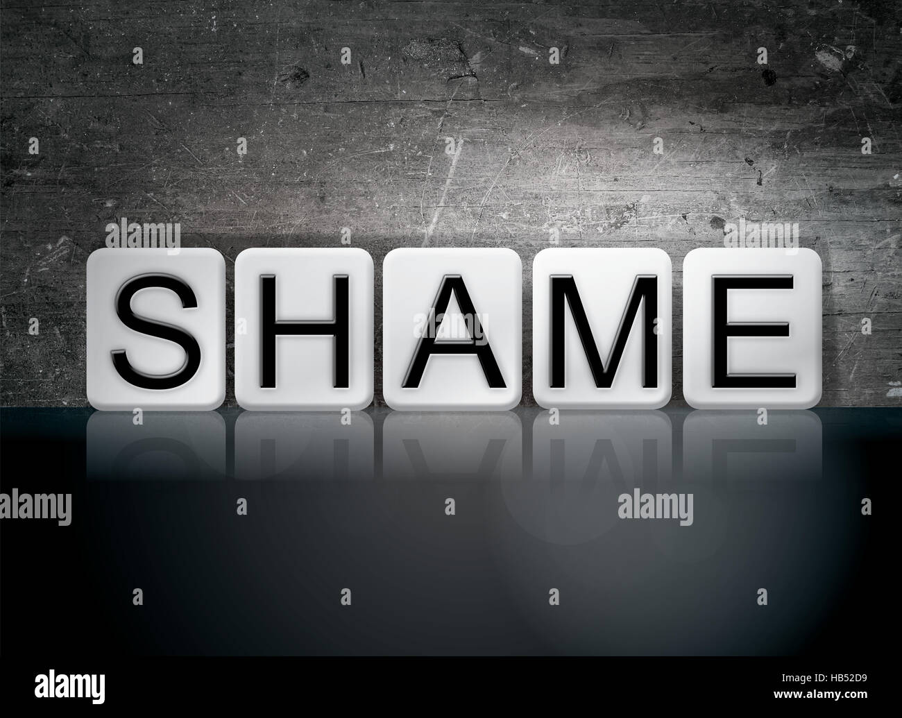 The word "Shame" written in white tiles against a dark vintage grunge ...