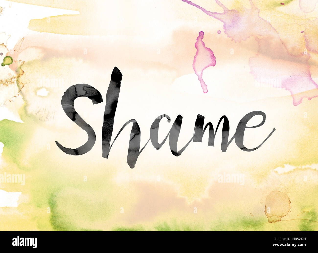 The word "Shame" painted in black ink over a colorful watercolor washed ...