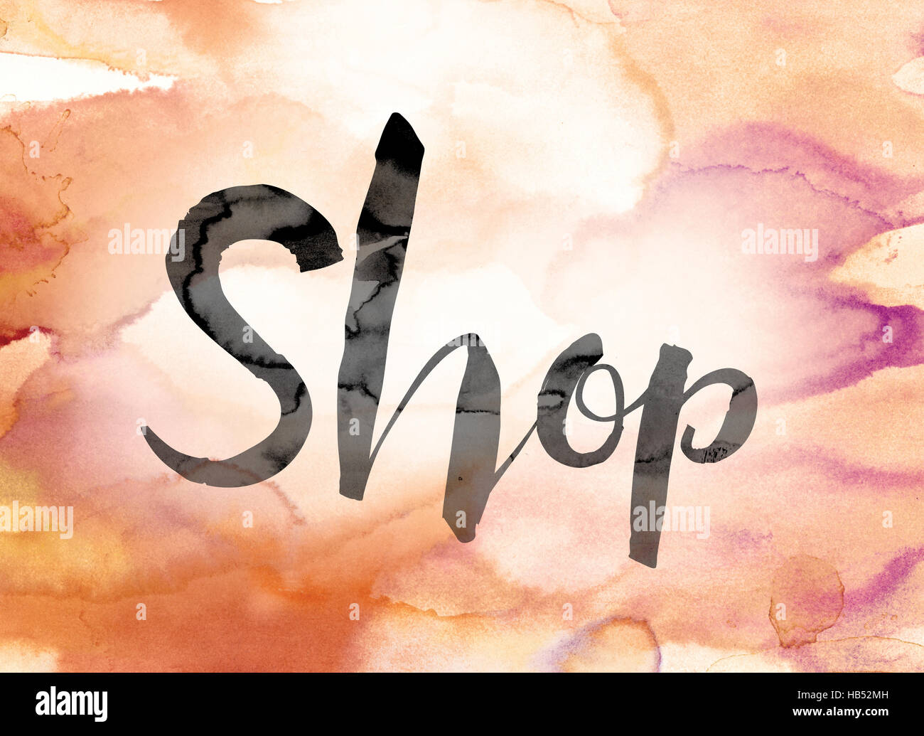 The word "Shop" painted in black ink over a colorful watercolor washed ...