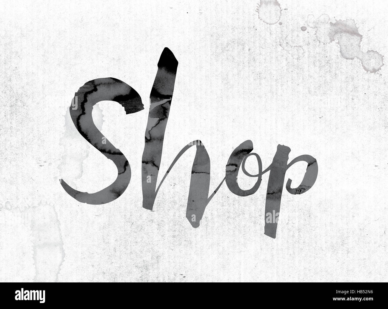 The word "Shop" concept and theme painted in watercolor ink on a white ...