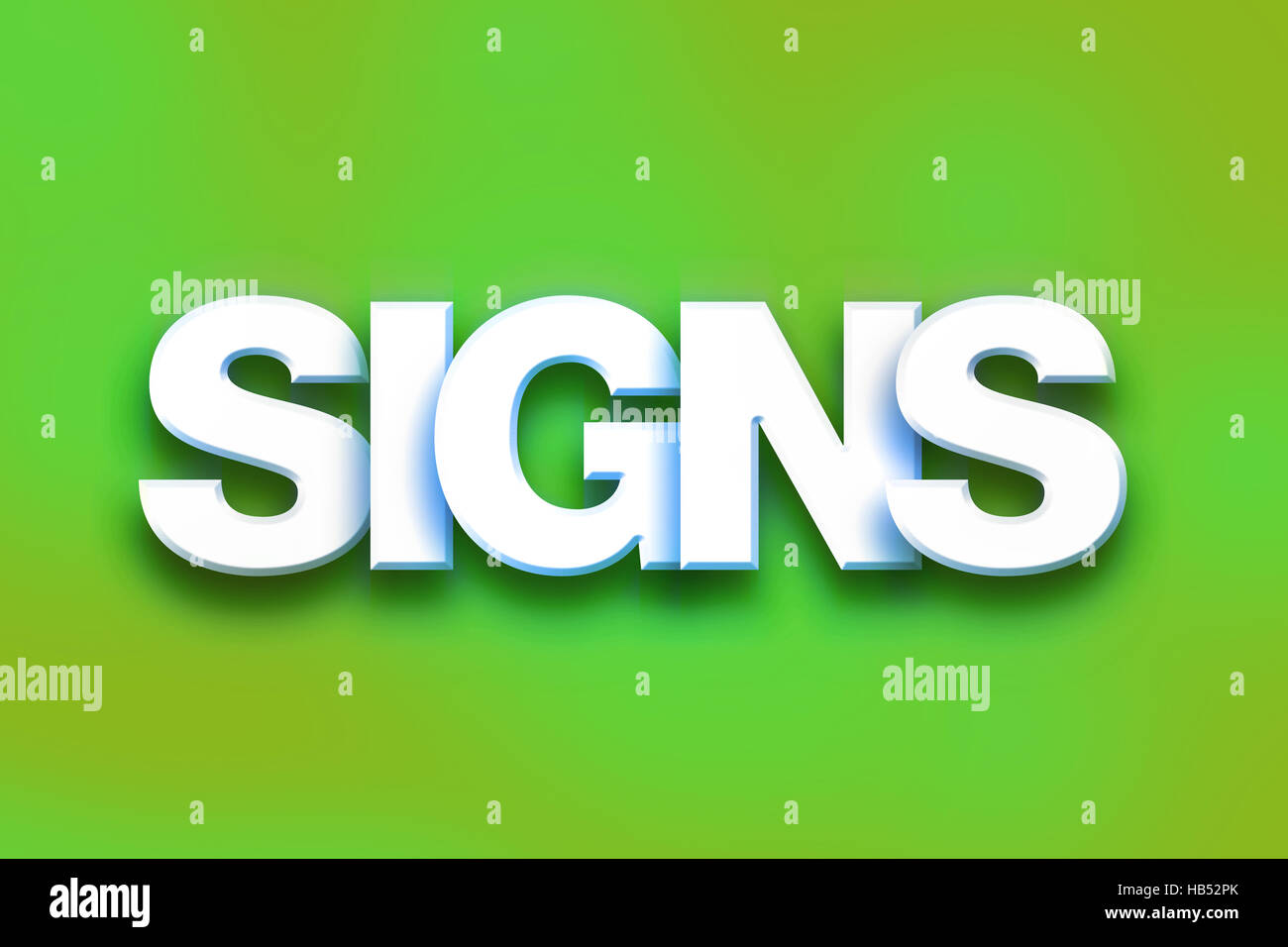 The word "Signs" written in white 3D letters on a colorful background ...