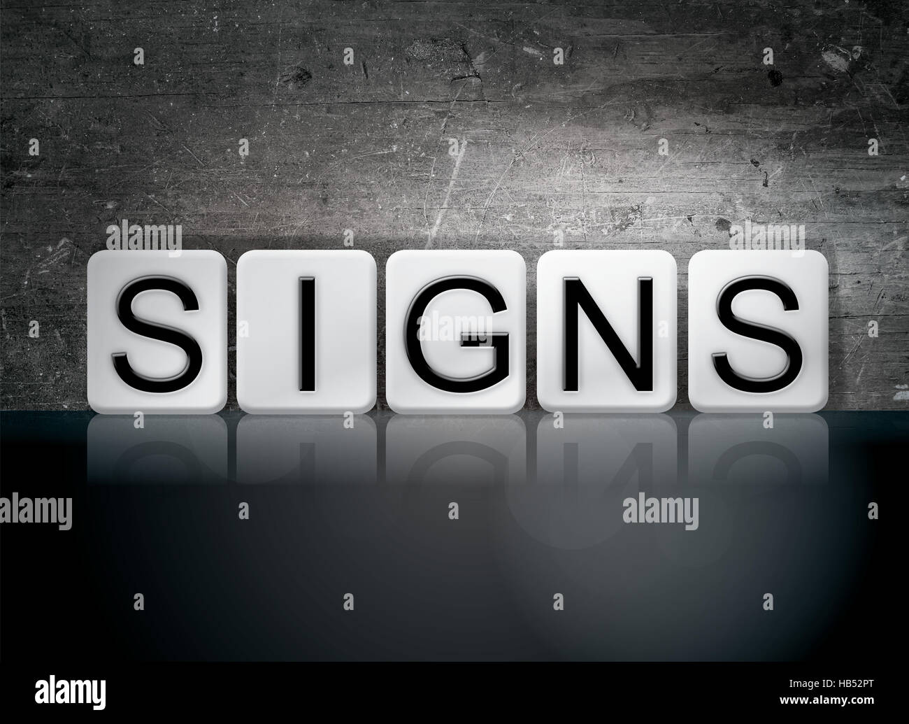 The word "Signs" written in white tiles against a dark vintage grunge ...