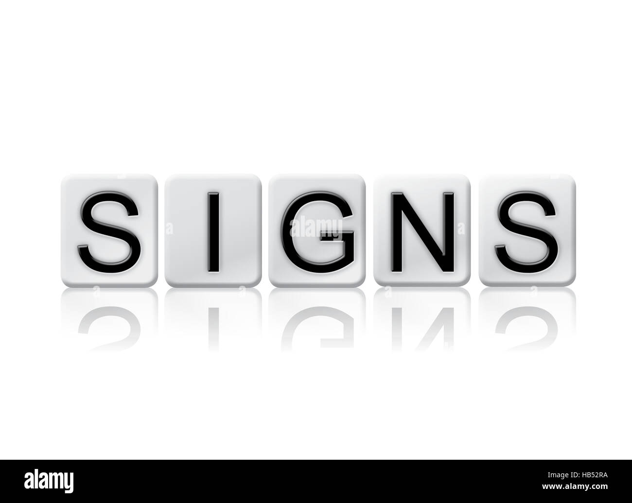 The word "Signs" written in tile letters isolated on a white background ...