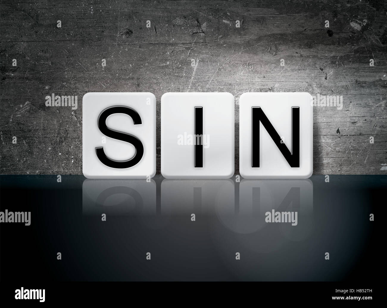 The word "Sin" written in white tiles against a dark vintage grunge ...