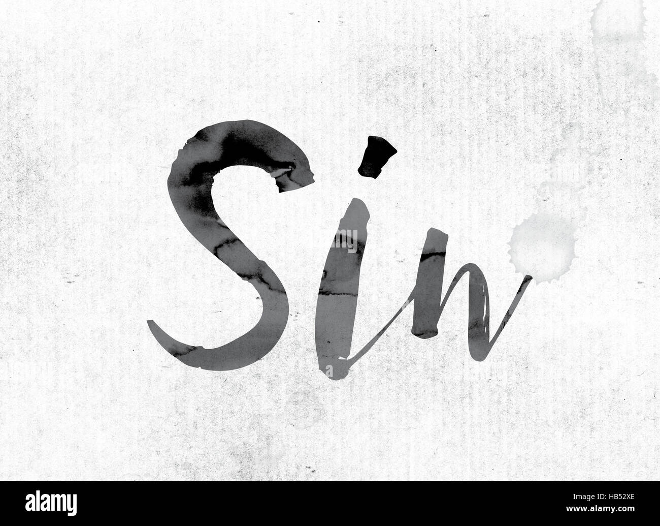 The word "Sin" concept and theme painted in watercolor ink on a white ...