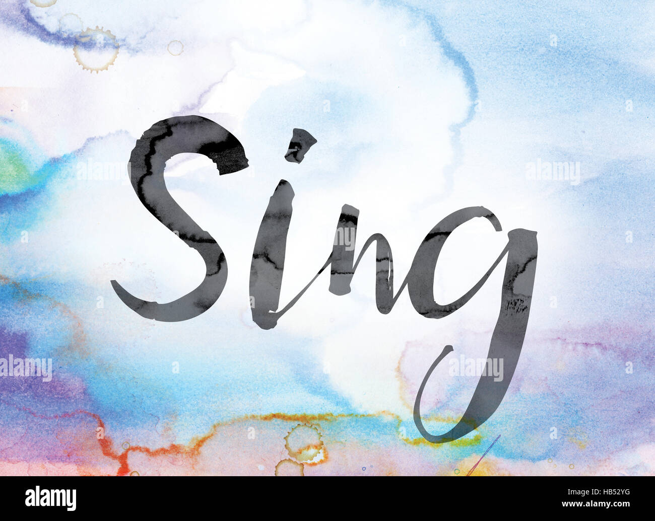The word "Sing" painted in black ink over a colorful watercolor washed ...