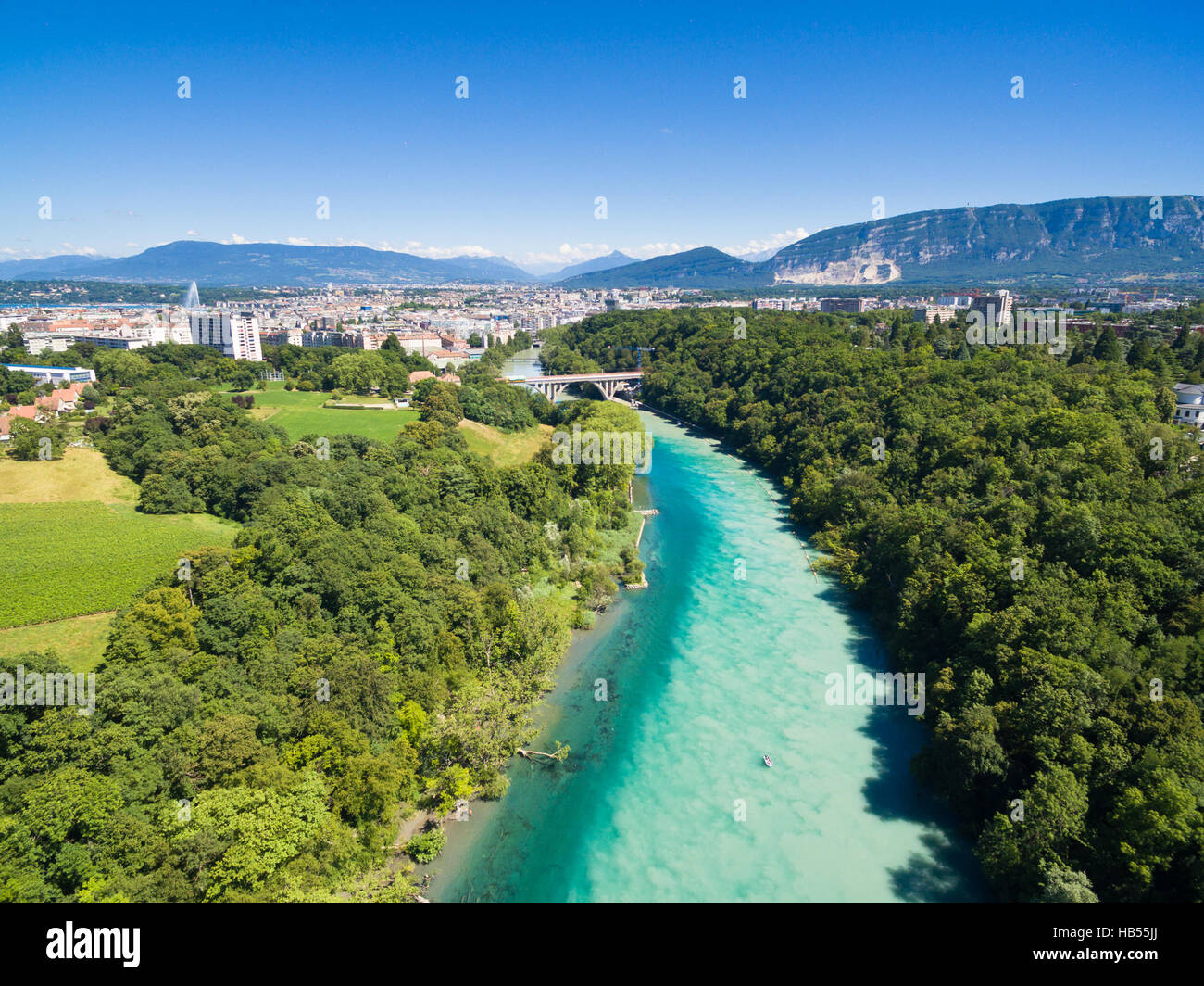 Aerial view of Arve an Rhone river confluent in Geneva Switzerland ...