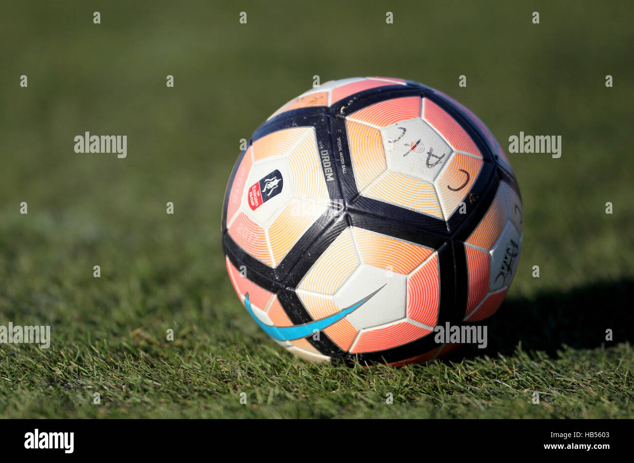 An Emirates FA Cup branded ball during the Emirates FA Cup match at the ...