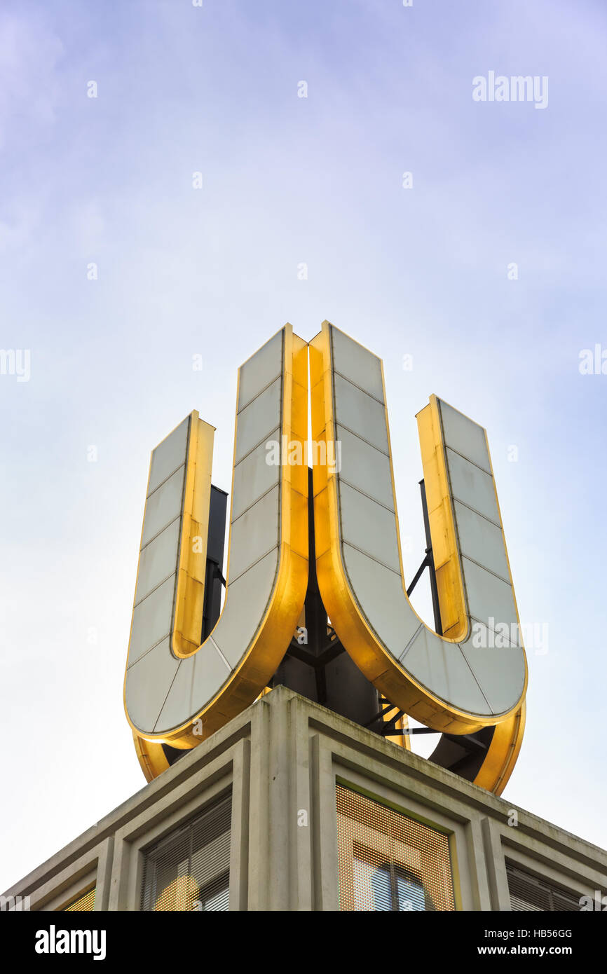 Dortmund U-Tower or Dortmunder U, famous sign on top of the former ...