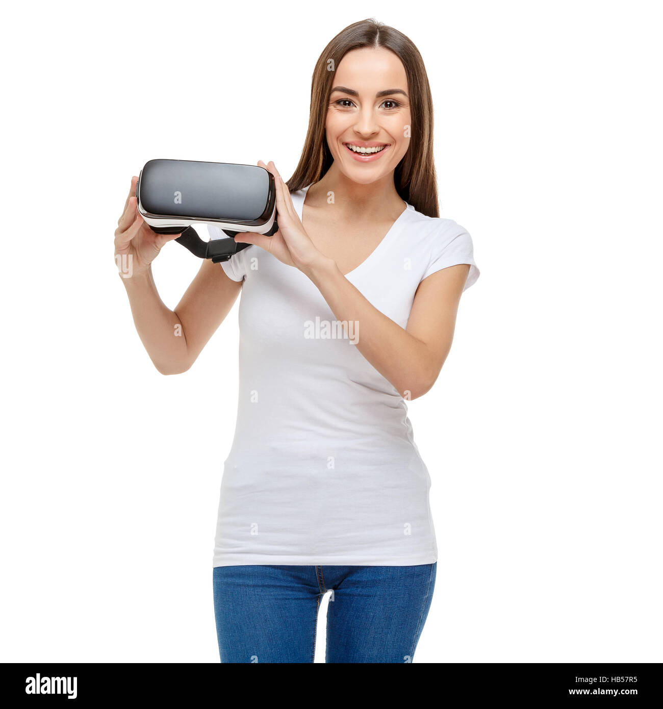 Woman with virtual reality goggles Stock Photo - Alamy