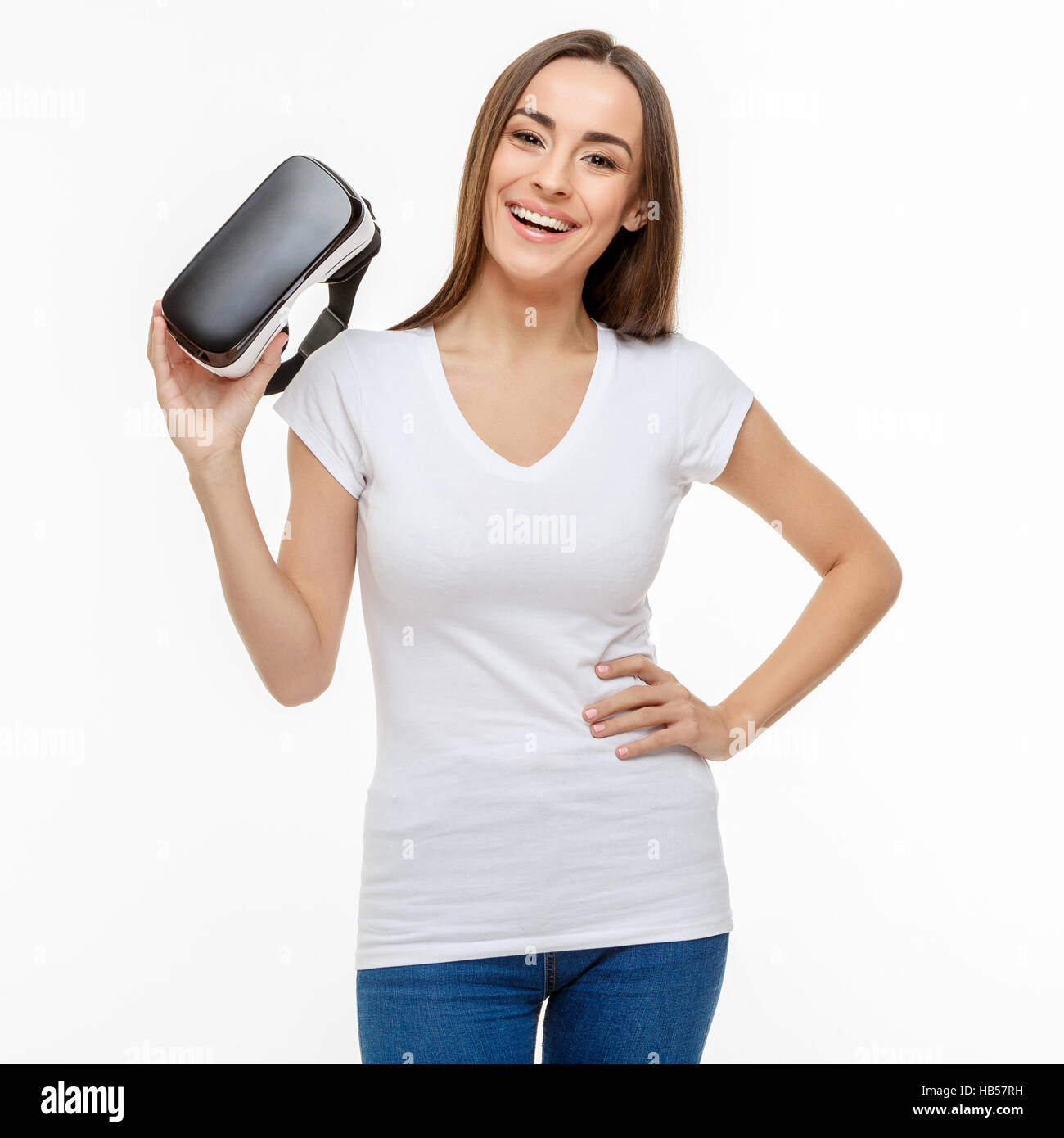 Woman with virtual reality goggles Stock Photo - Alamy