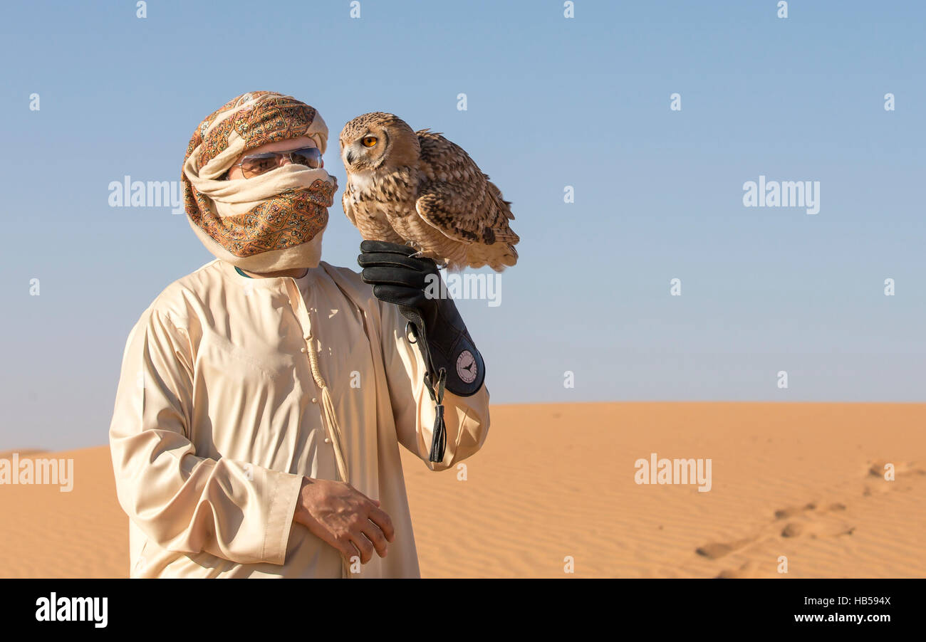 Falconer training a desert tawny owl (strix hadorami Stock Photo - Alamy