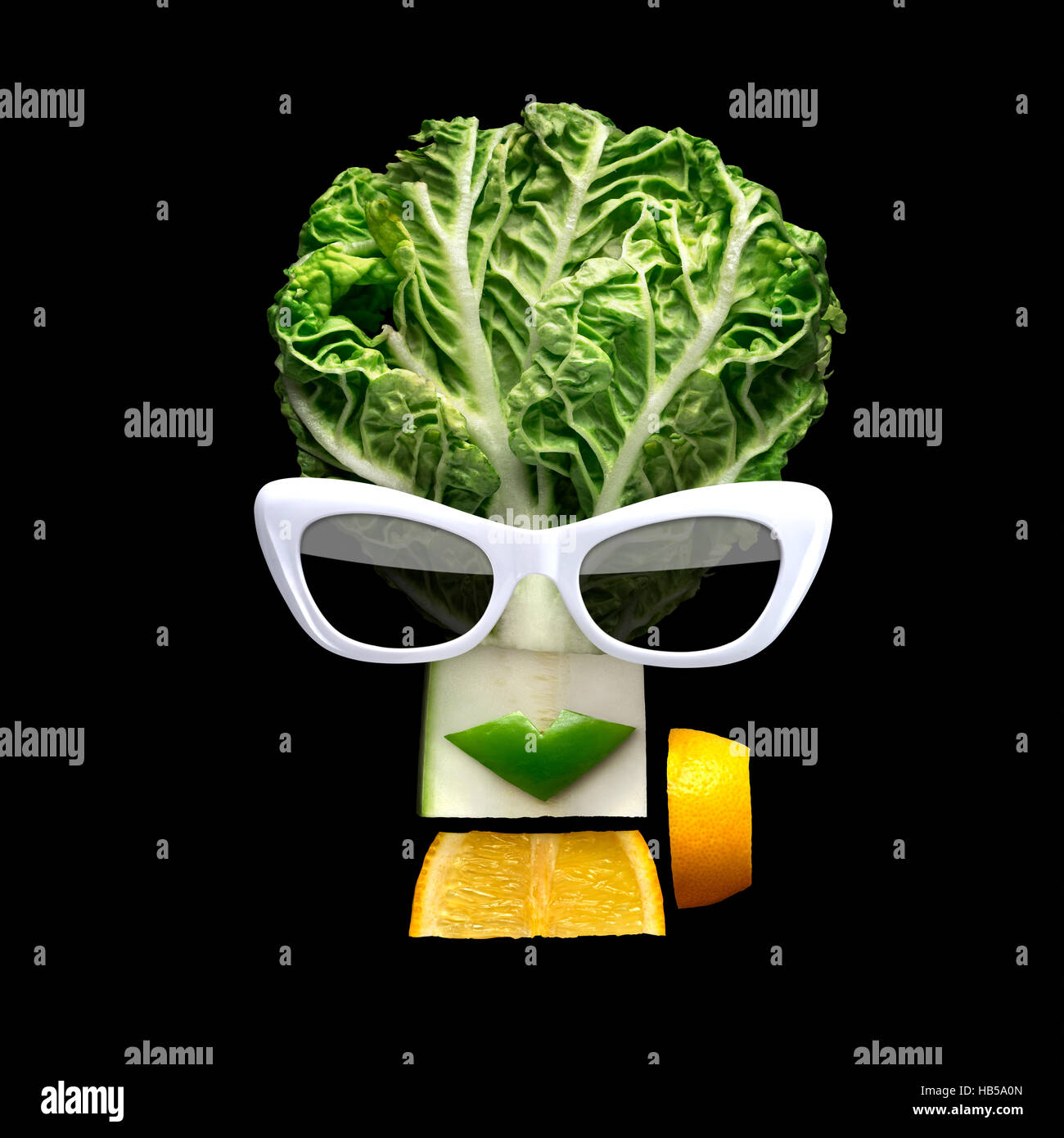 Quirky food concept of cubist style female face in sunglasses made of ...