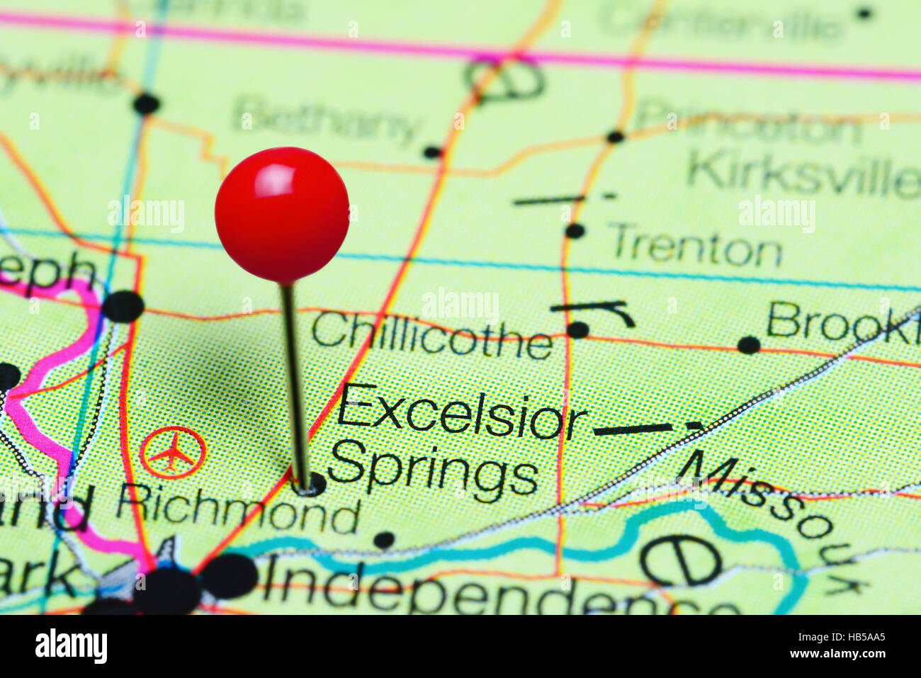 Excelsior Springs pinned on a map of Missouri, USA Stock Photo - Alamy