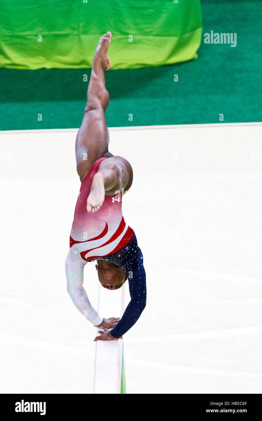Rio de Janeiro, Brazil. 9 August 2016. Simone Biles (USA) performs on ...
