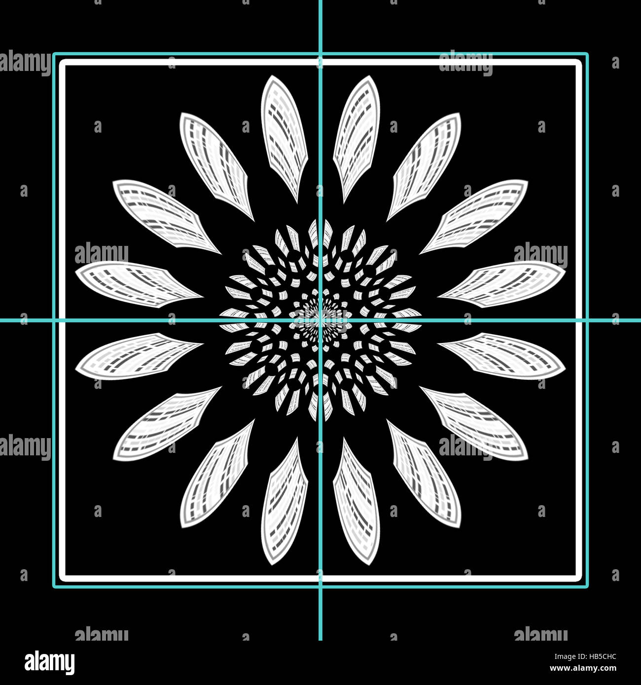 Framed geometric daisy in black and white, with some cyan geometric ...