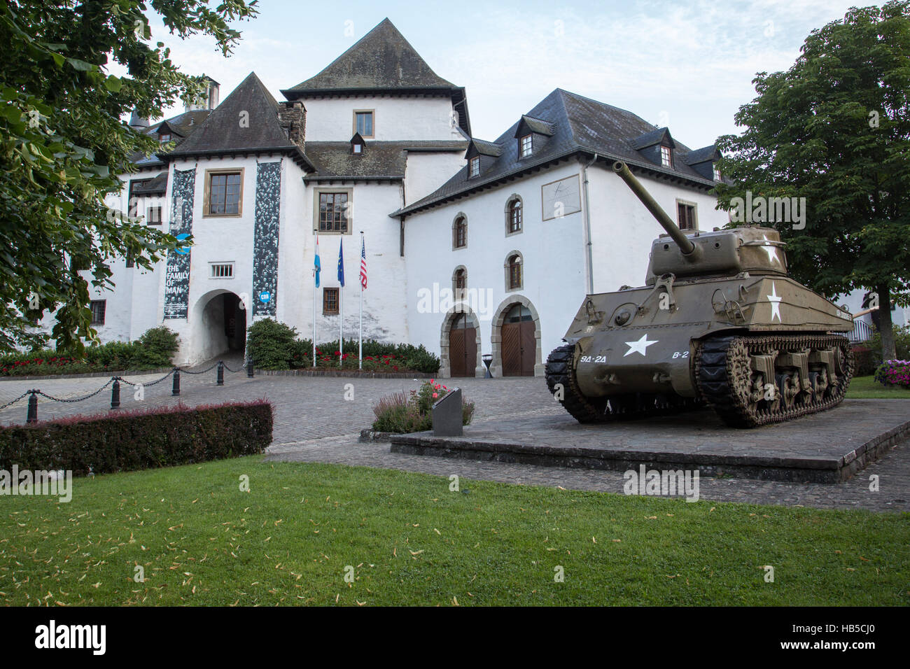 Clervaux Family of Man castle and sherman tank Stock Photo - Alamy