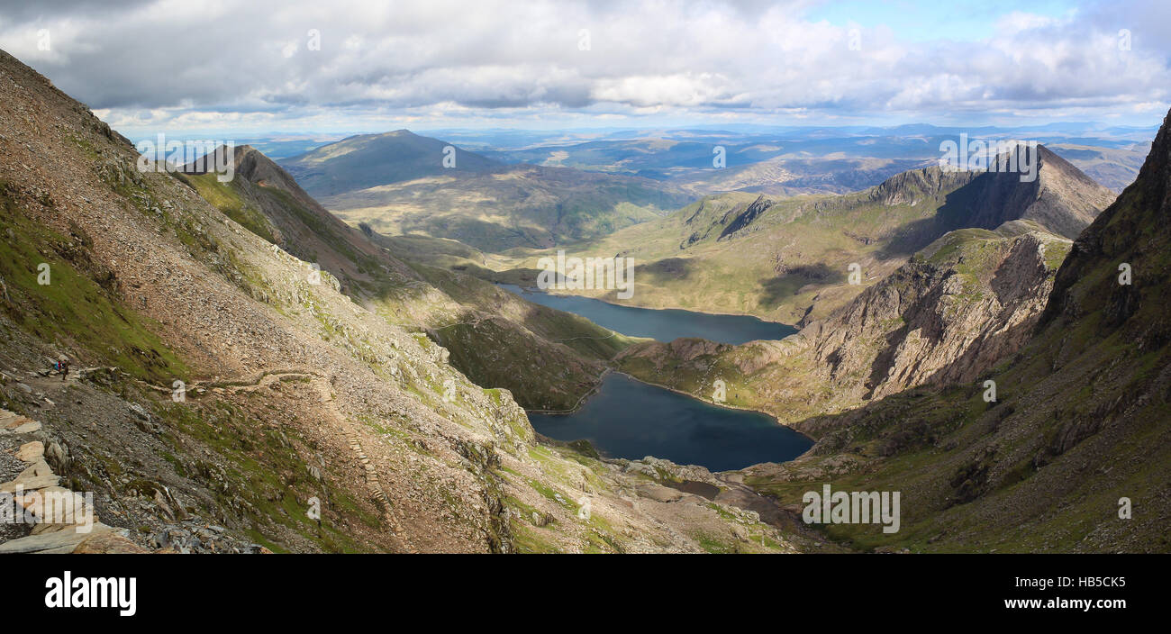 Valley below Snowdon showing PYG track and lakes in Snowdonia, Wales ...
