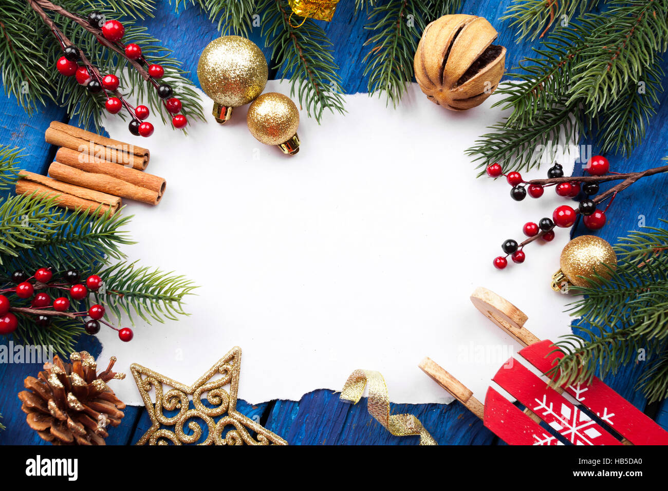 Christmas border with decoration on a wooden board Stock Photo - Alamy