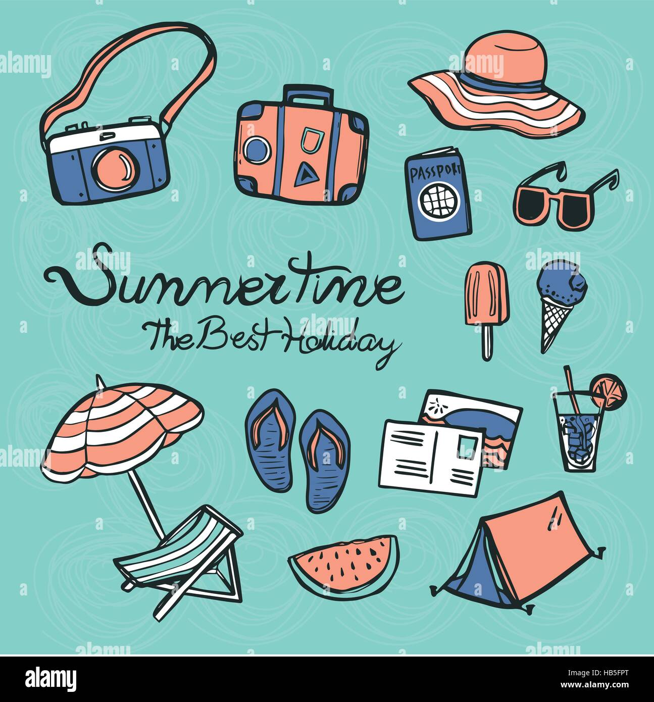 lovely summertime essentials in colorful hand drawn style Stock Vector ...