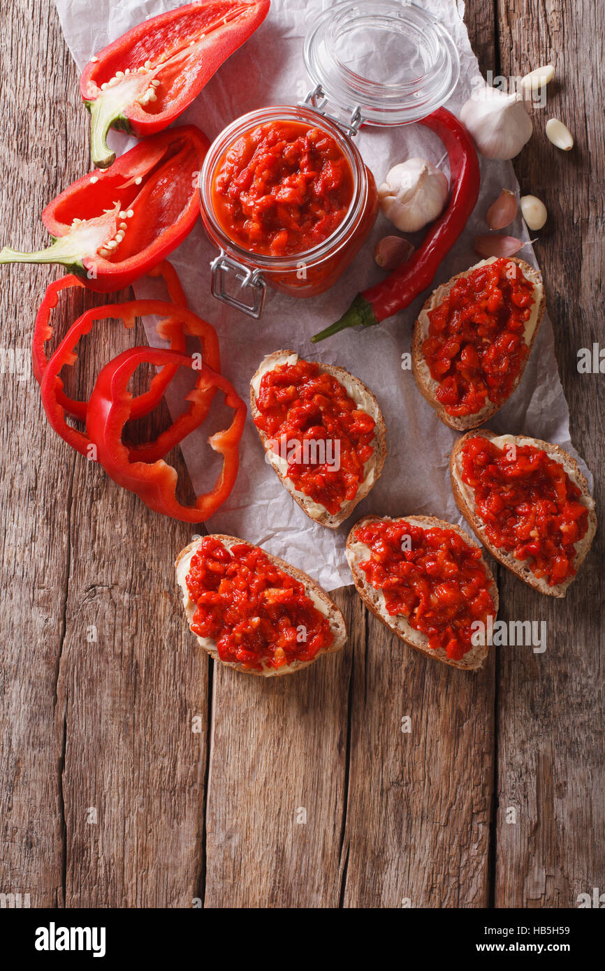 Ajvar - delicious dish of red peppers, onions and garlic closeup on the ...
