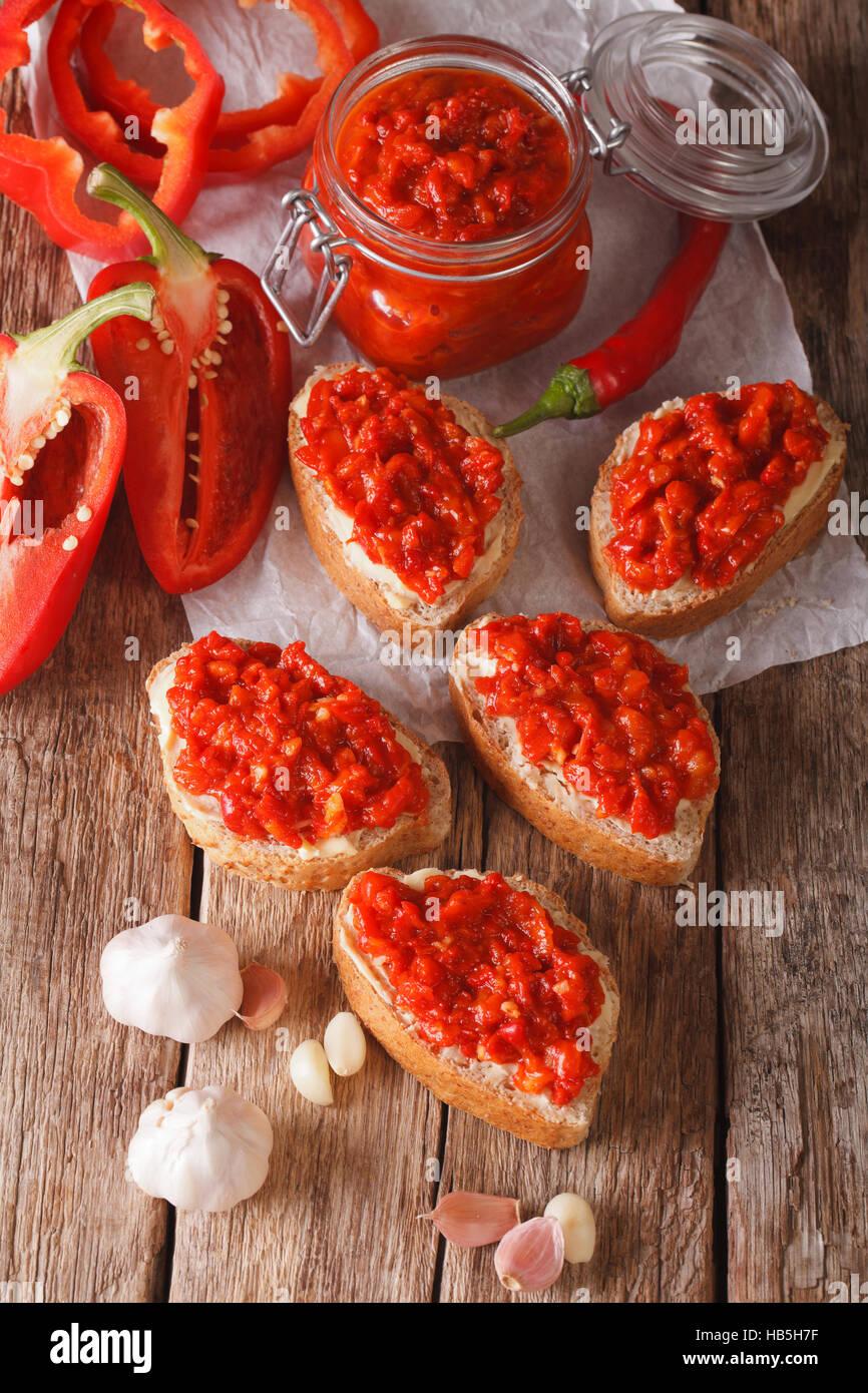 Ajvar - delicious dish of red peppers, onions and garlic closeup on the ...