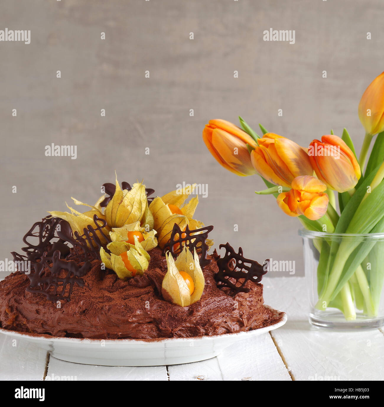 chocolate cake with physalis Stock Photo - Alamy