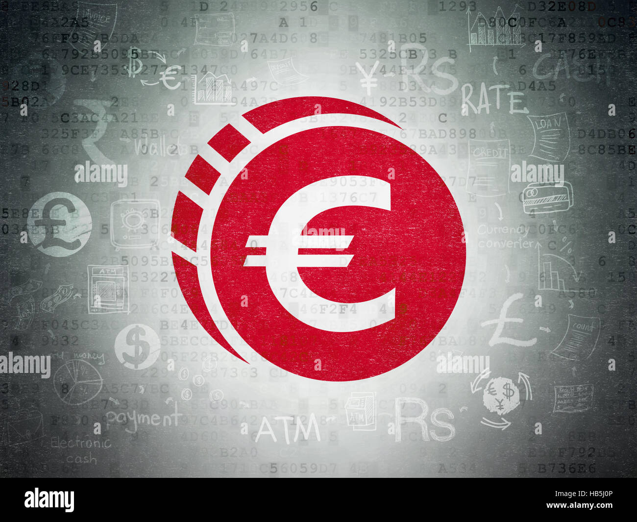 Currency concept: Painted red Euro Coin icon on Digital Data Paper background with Scheme Of ...