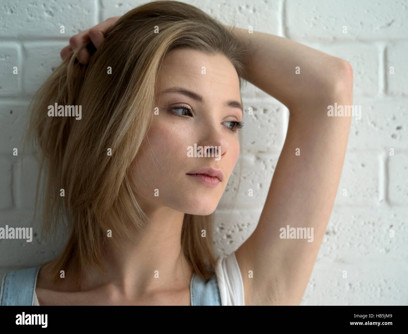 Portrait of happy beauty young caucasian woman looking at camera front ...