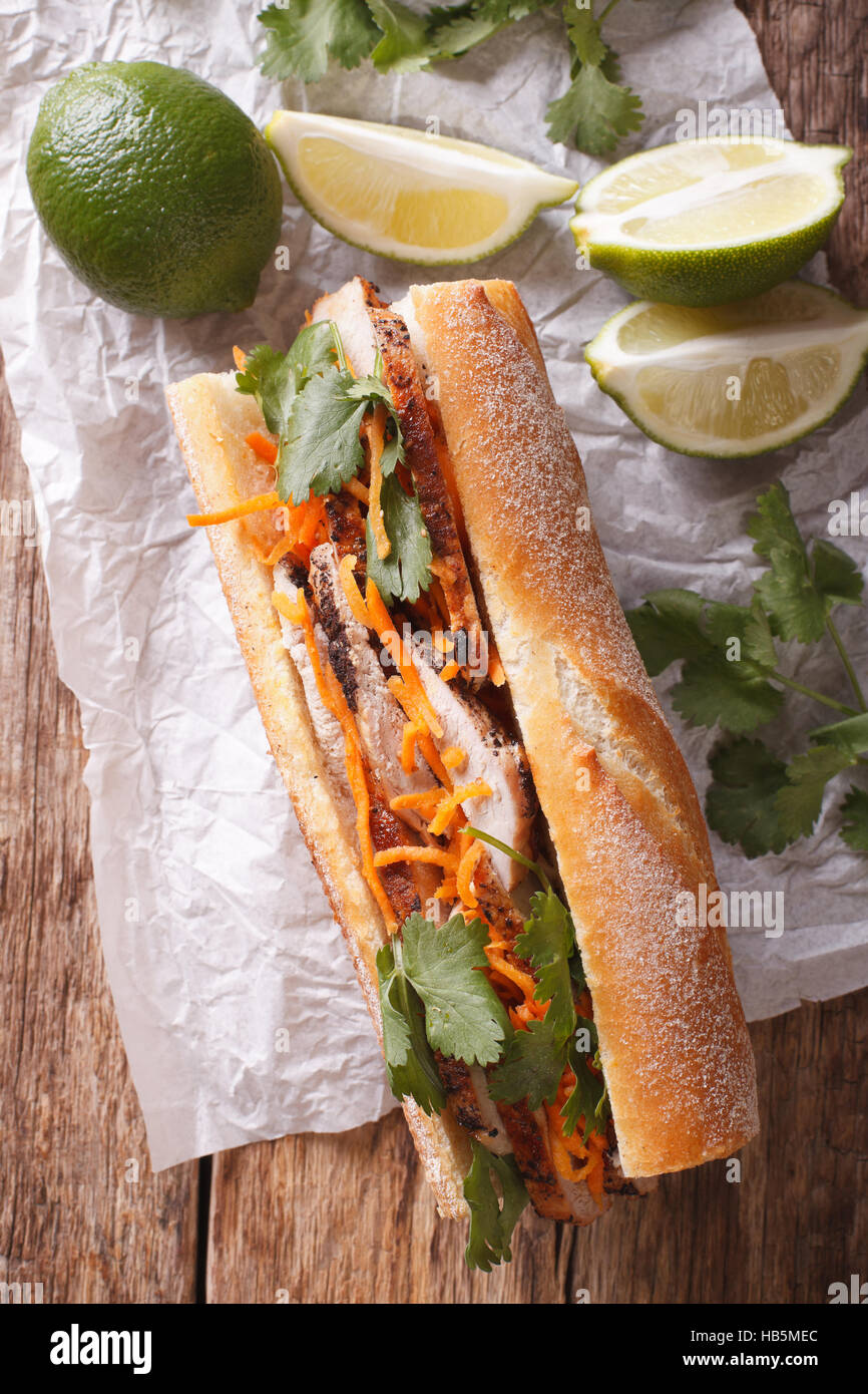 Vietnamese Pork Banh Mi Sandwich with Cilantro and carrot close-up on ...