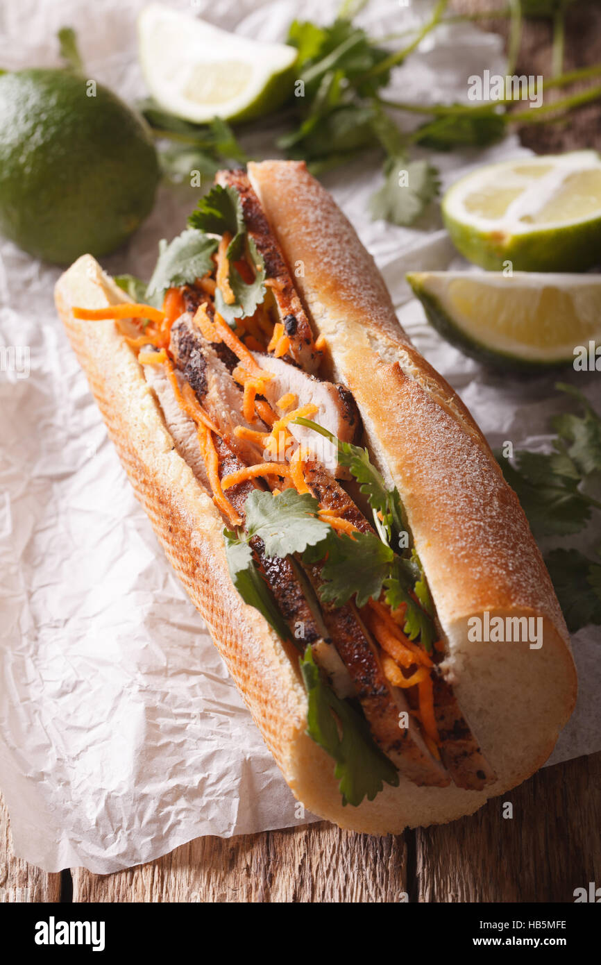 Vietnamese Pork Banh Mi Sandwich with Cilantro and carrot close-up on ...