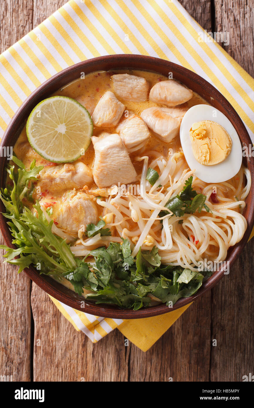Asian Laksa thick soup with chicken, egg, rice noodles, bean sprouts ...
