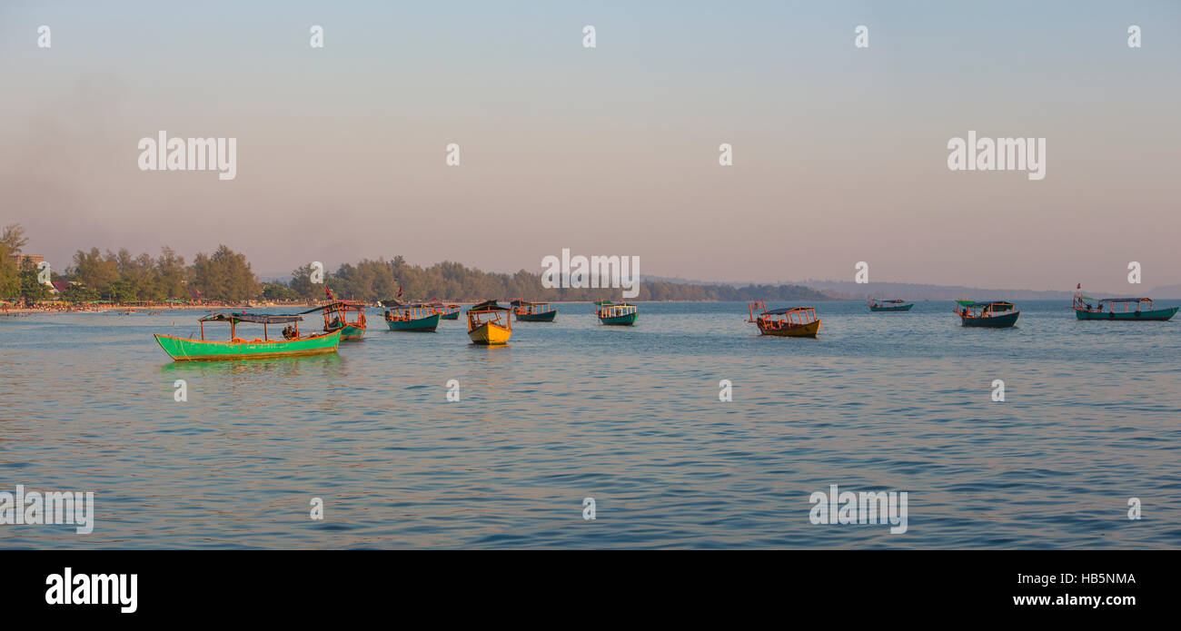 Sea view with khmer boats, beach of Sihanoukville. Cambodia Stock Photo ...