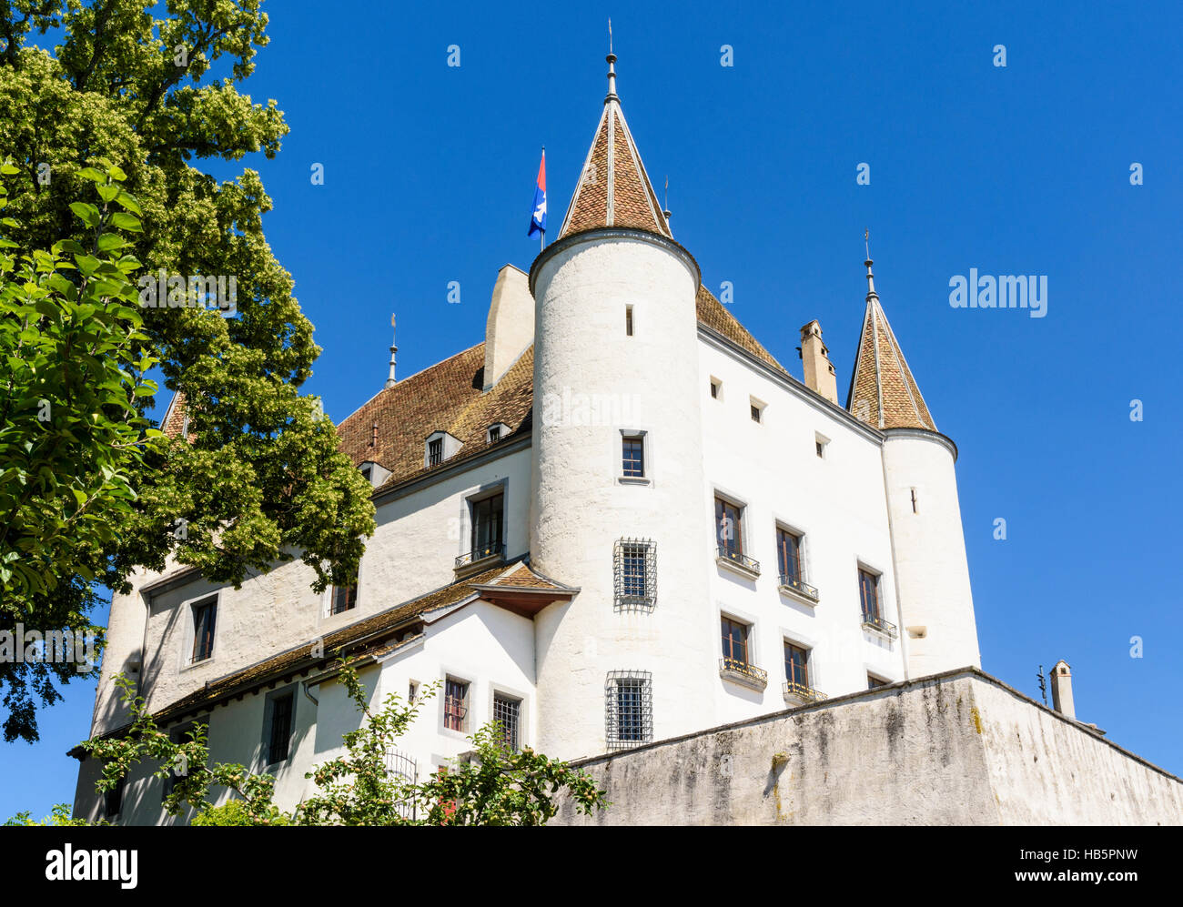 Looking up at the imposing Nyon Castle, Nyon, Switzerland Stock Photo ...