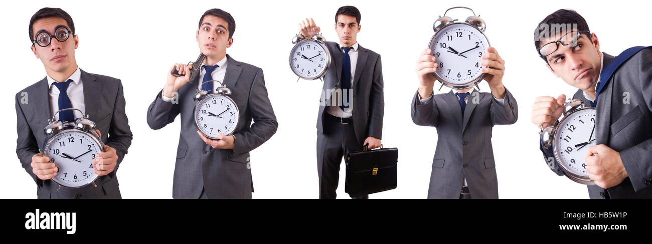 Man with clock isolated on white Stock Photo - Alamy