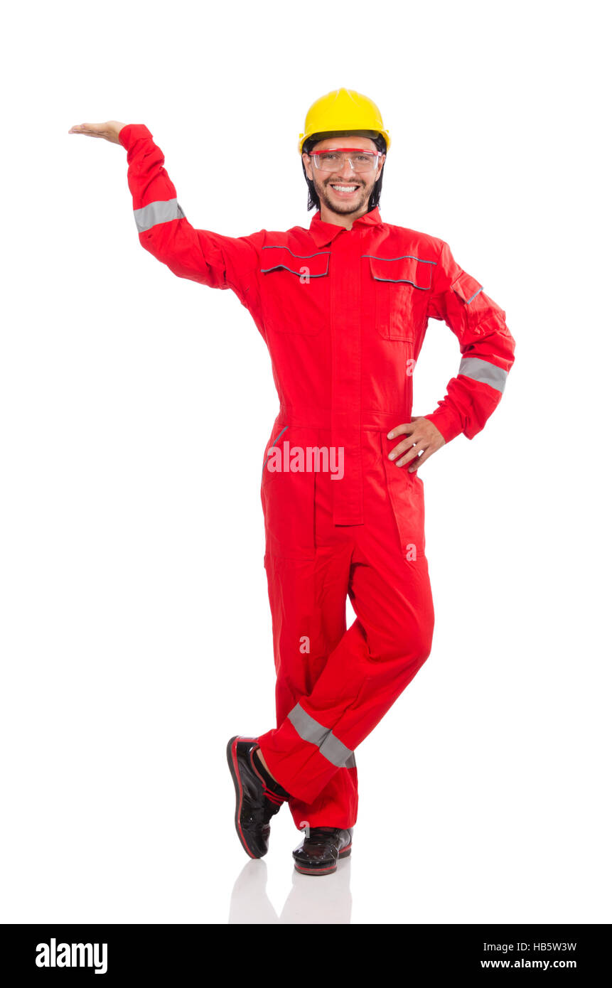 Man wearing red coveralls isolated on white Stock Photo - Alamy