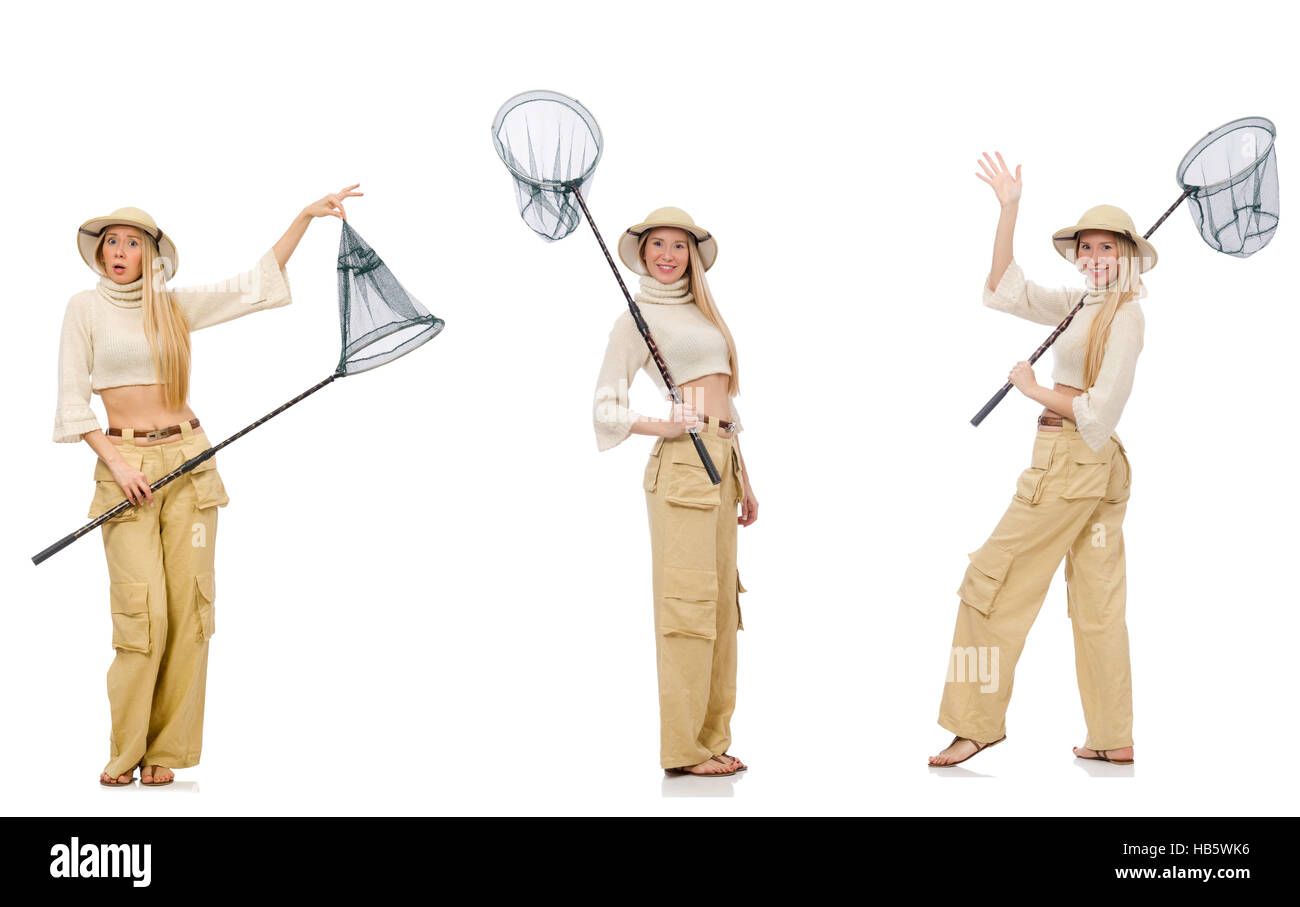 Woman with catching net on white Stock Photo - Alamy
