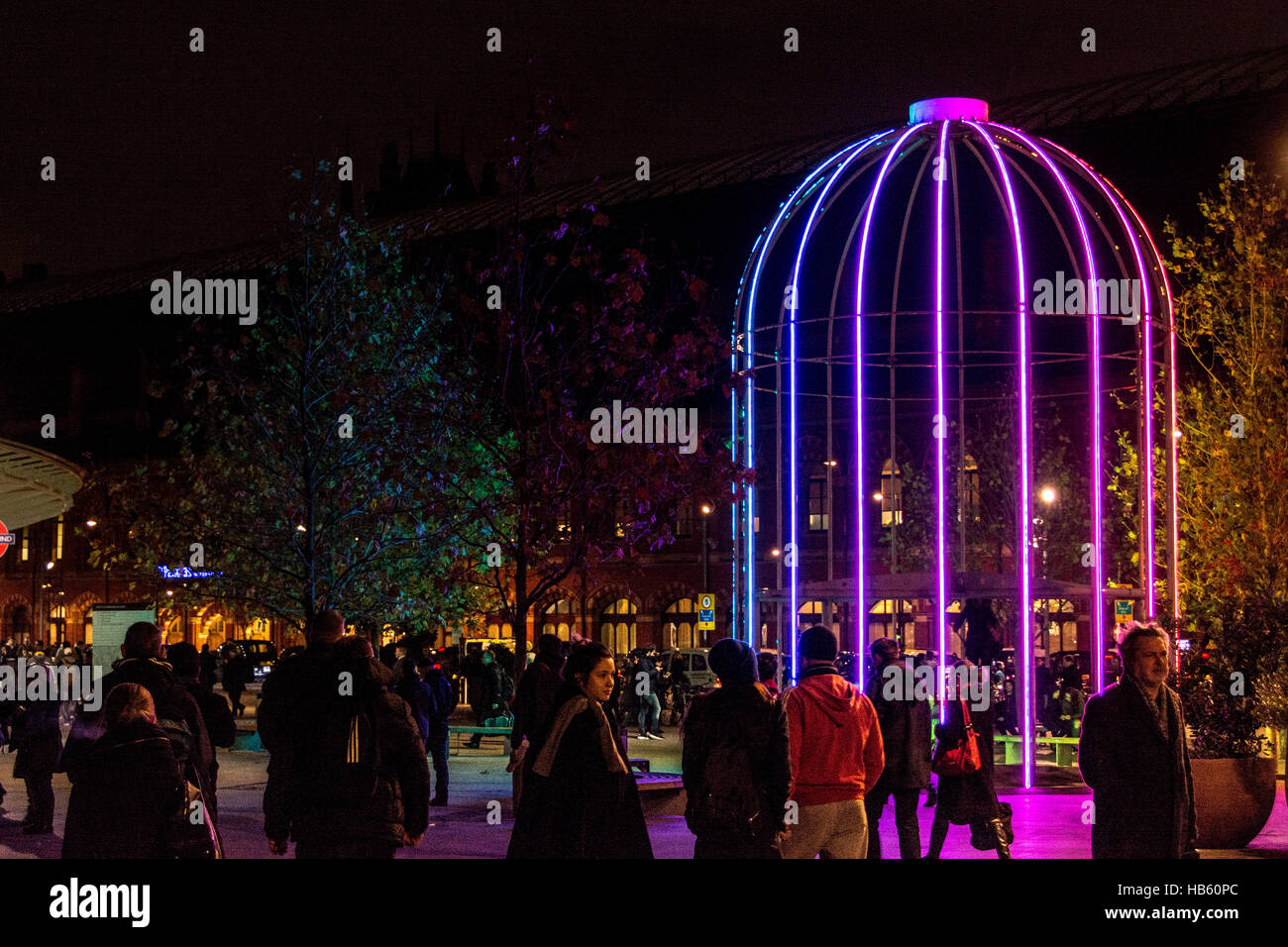 Night time view of the play area and dome outside Kings Cross Station ...