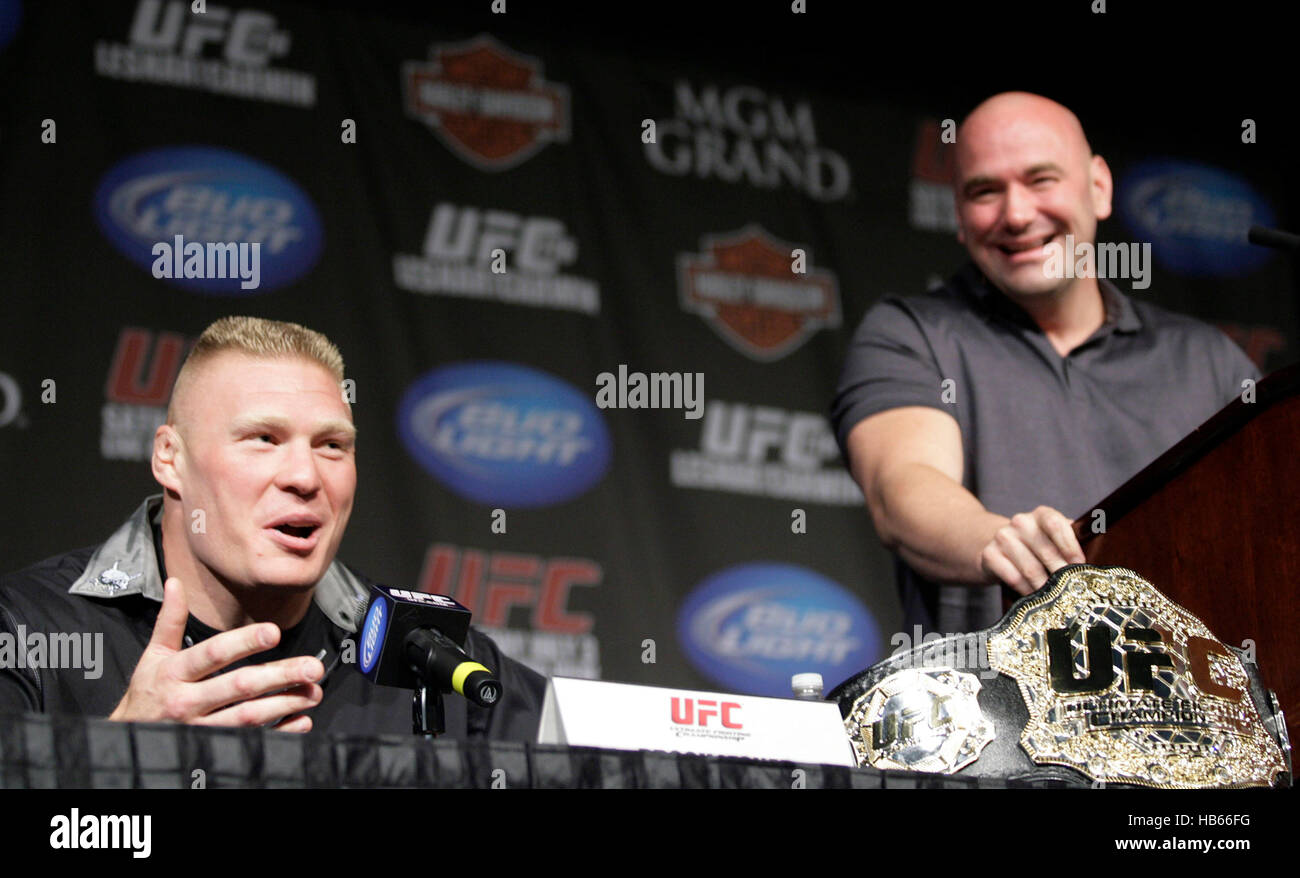 UFC fighter Brock Lesnar, left, and UFC President Dana White at a press ...