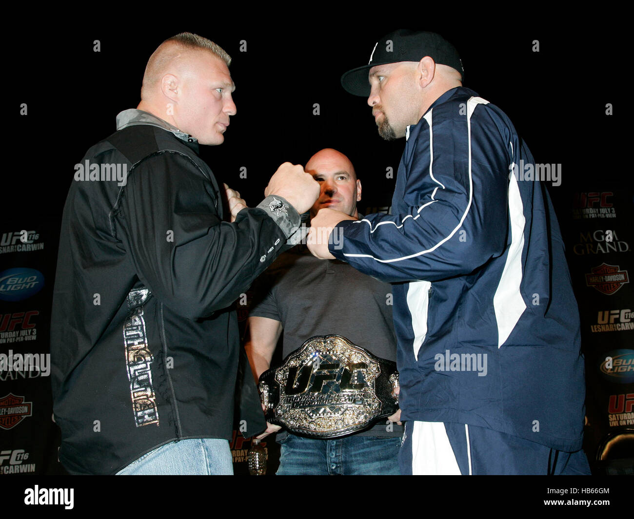 UFC fighter Brock Lesnar, left, UFC President Dana White, center, and ...