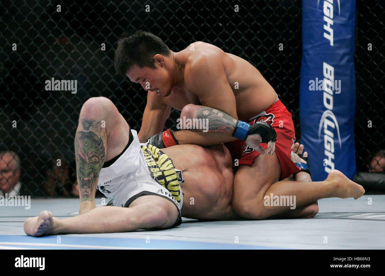 UFC fighter Chris Leben, bottom, fights Yoshihiro Akiyama at UFC 116 at ...