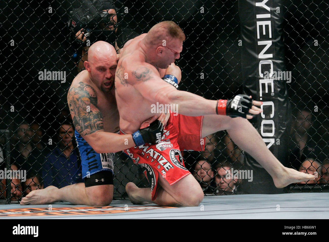 UFC fighter Brock Lesnar, right, fights Shane Carwin at UFC 116 at the ...