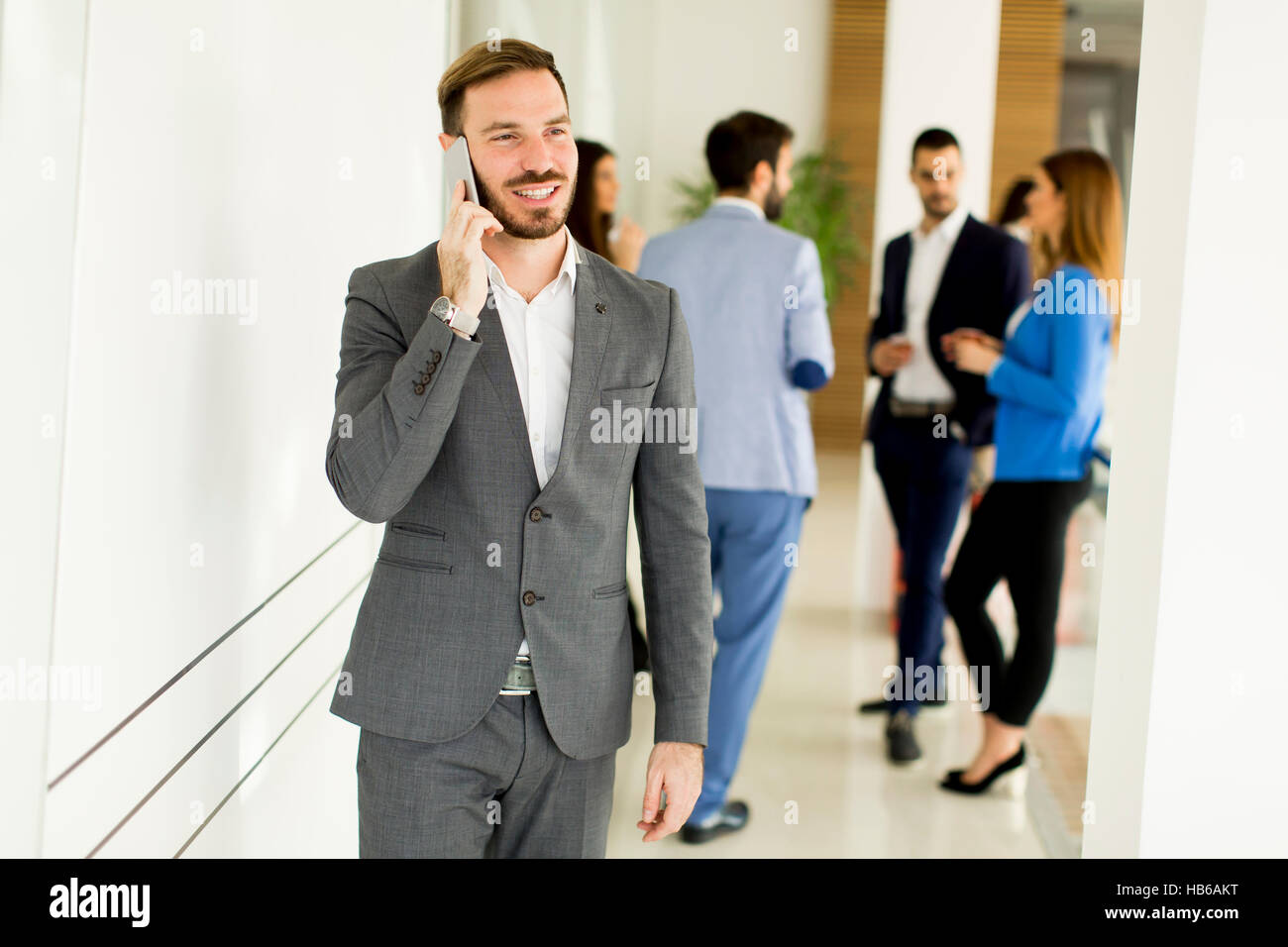 Businessman using mobile phone in office while other business people ...