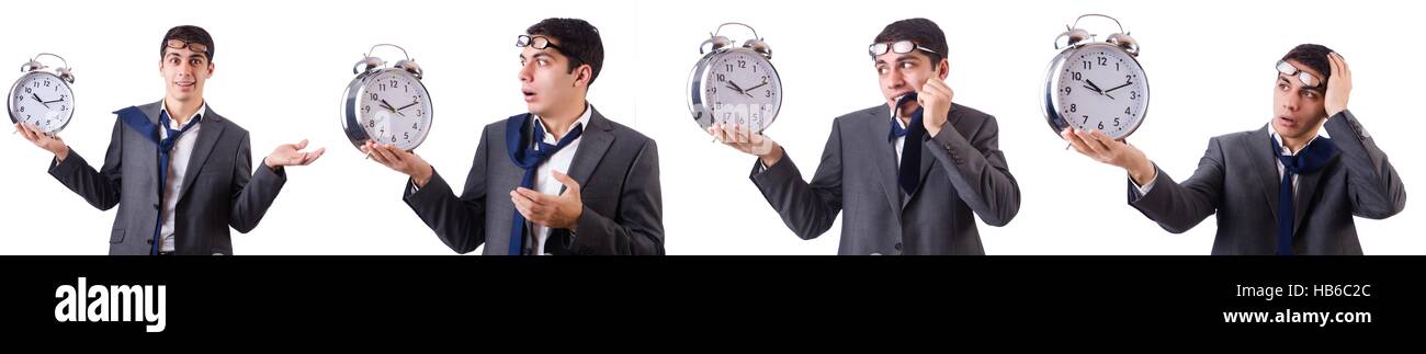 Man with clock isolated on white Stock Photo - Alamy