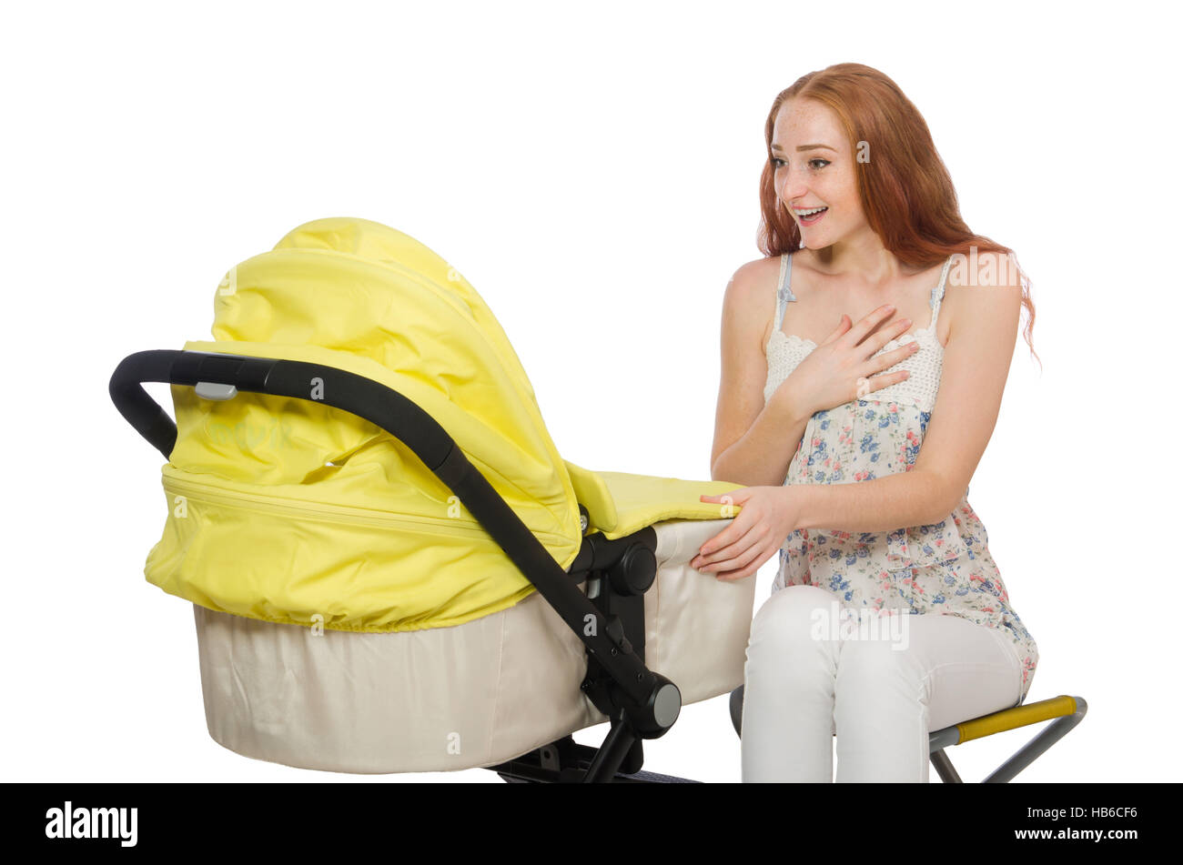 Woman with baby and pram isolated on white Stock Photo - Alamy