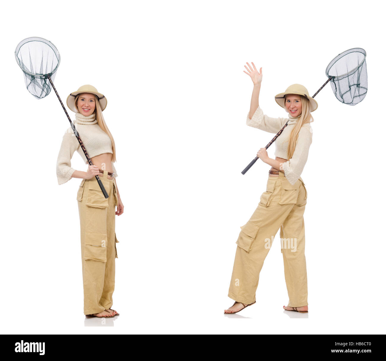 Woman with catching net on white Stock Photo - Alamy