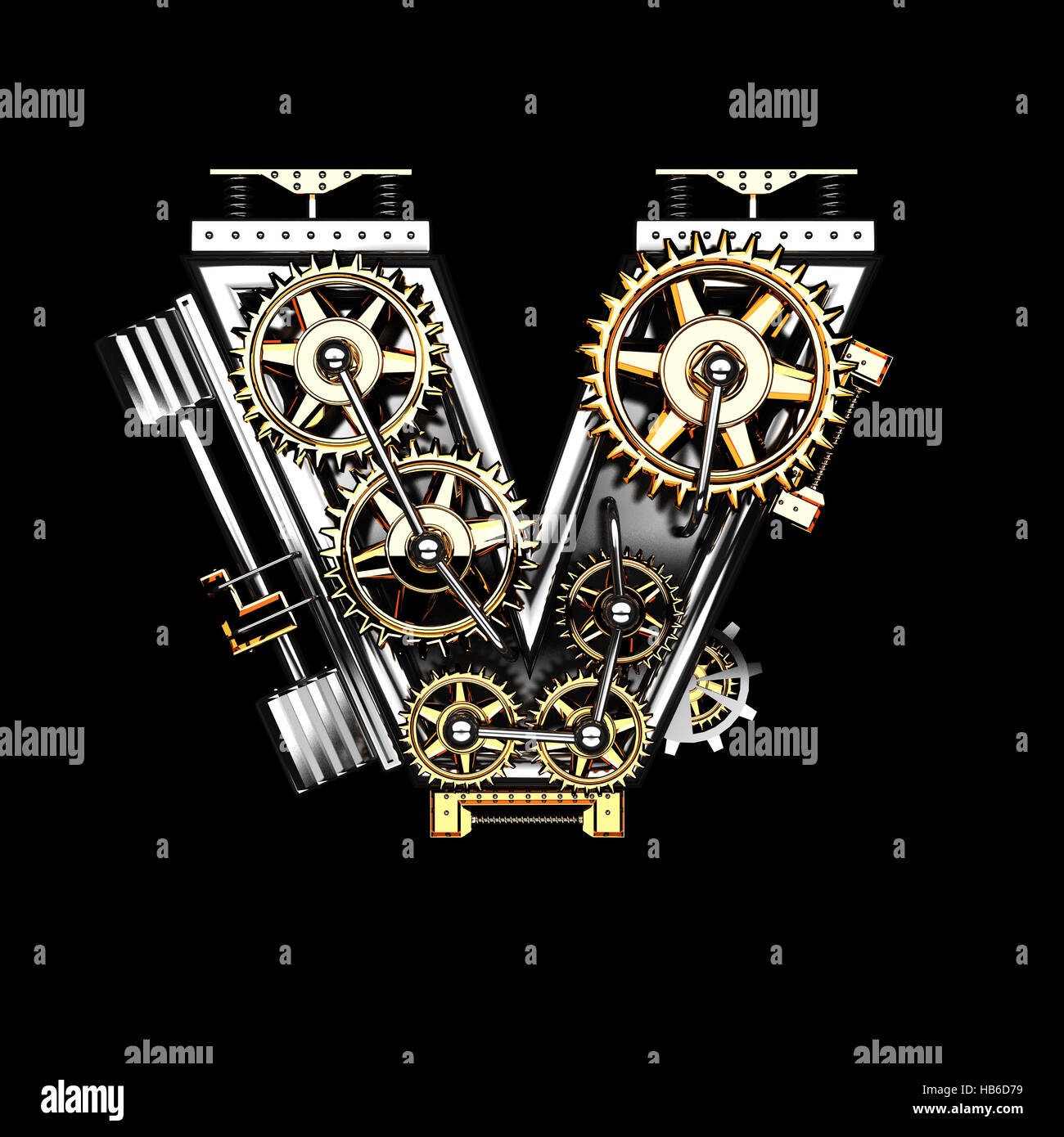 v isolated metal letter with gears on black Stock Photo - Alamy