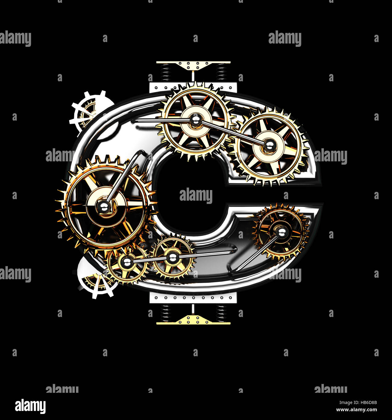c isolated metal letter with gears on black Stock Photo - Alamy