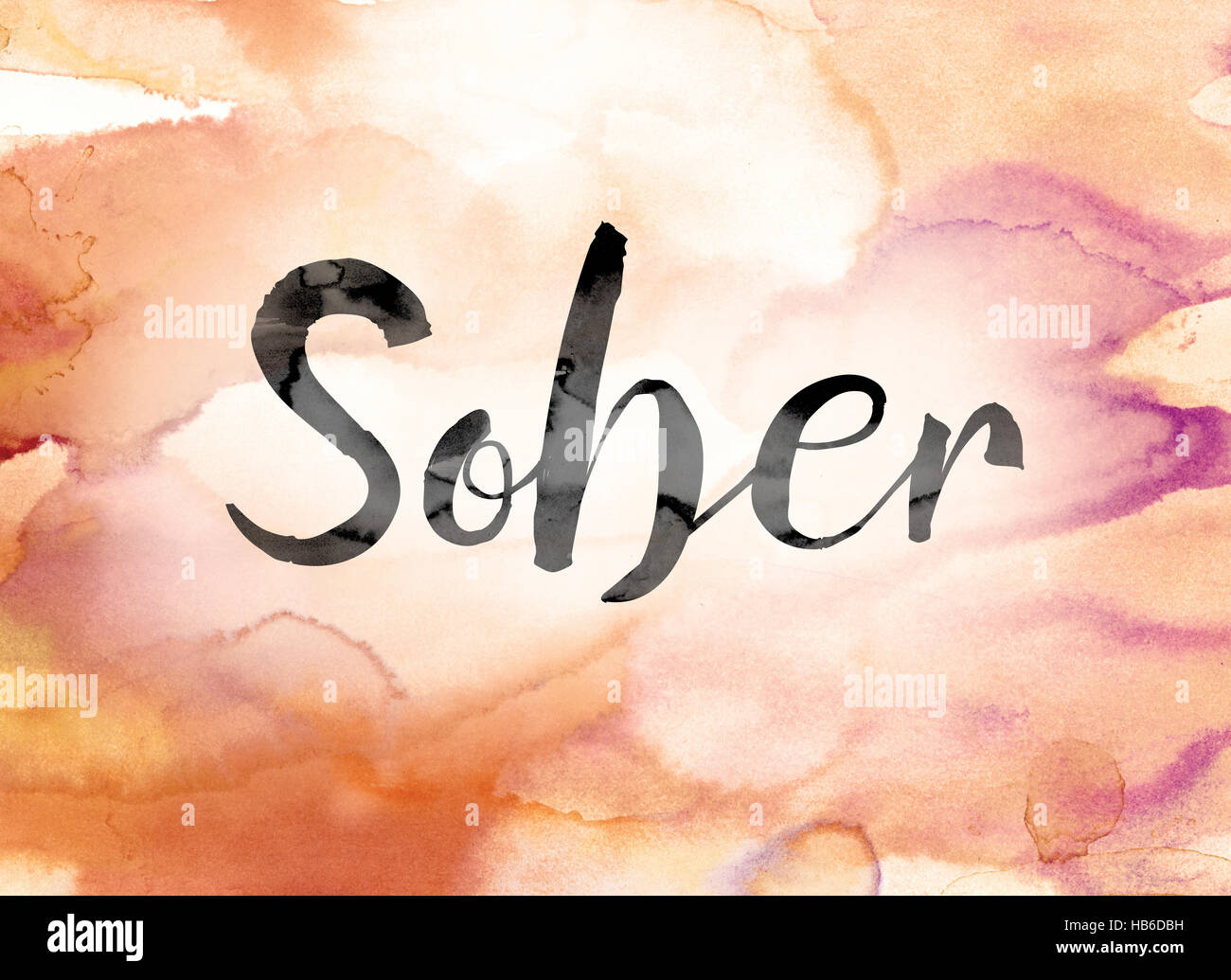 The word "Sober" painted in black ink over a colorful watercolor washed ...